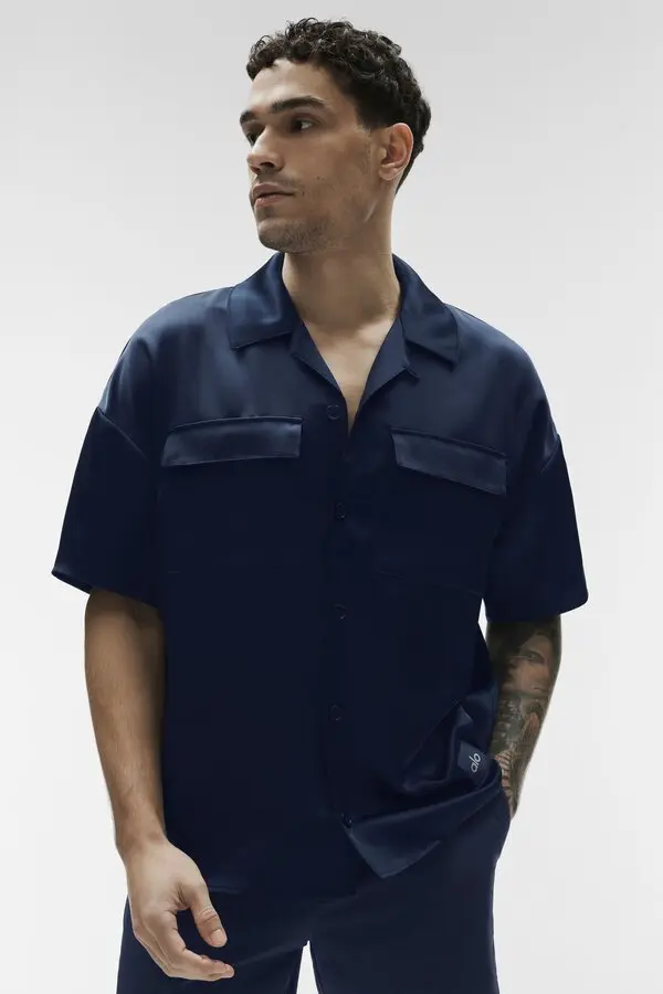 Alo Yoga Satin Horizon Short Sleeve Button Up Top - Navy