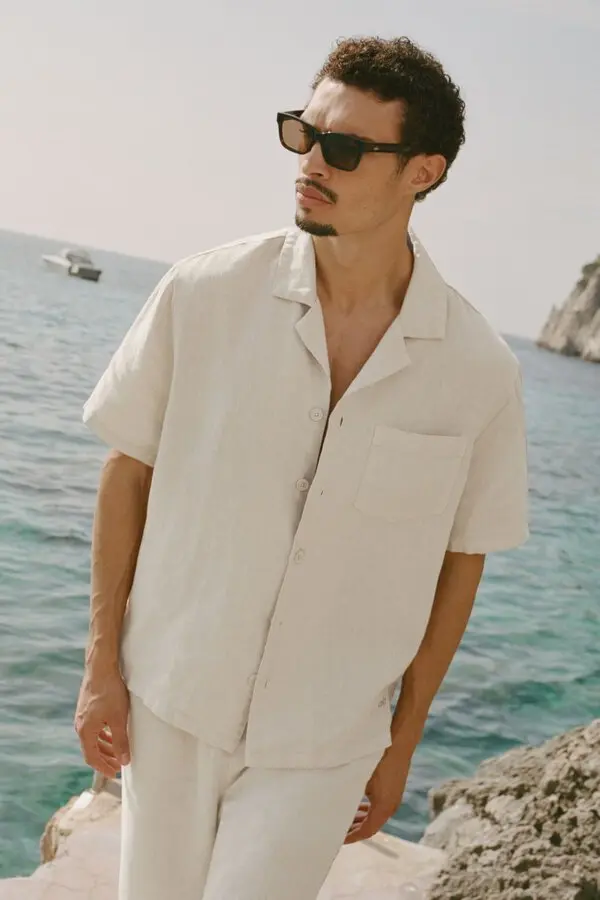 Alo Yoga Linen Days Short Sleeve Button Up Top - Bone
