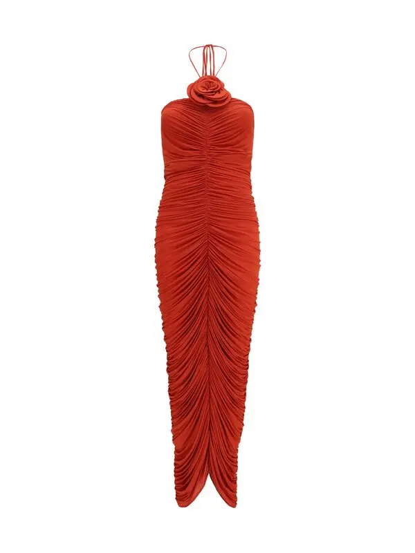 Magda Butrym Halterneck Floral Appliqué Ruched Gown - Red