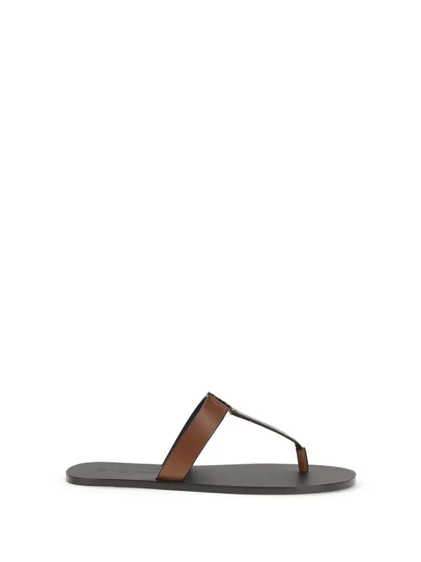 Saint Laurent Leather Thong Sandals With Monogram Detail - Brown