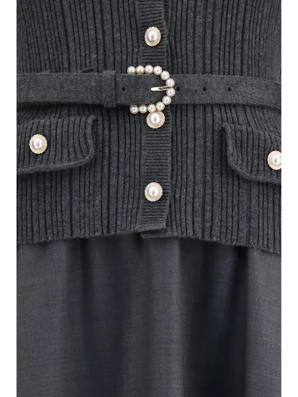 SELF-PORTRAIT Knit And Twill Midi Dress With Pearl Embellished Belt