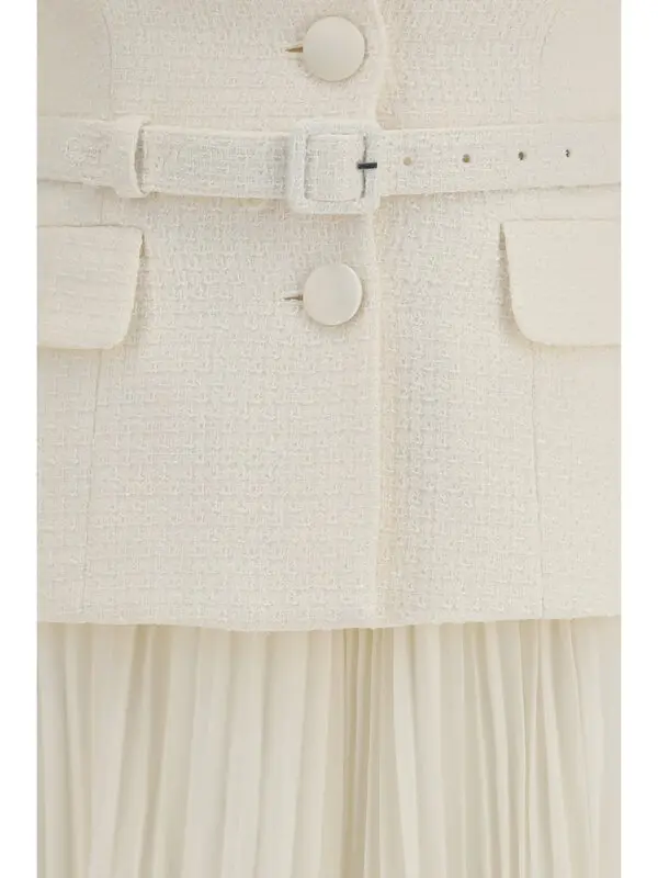 SELF-PORTRAIT Bouclé Midi Dress With Shawl Collar And Lace Trims