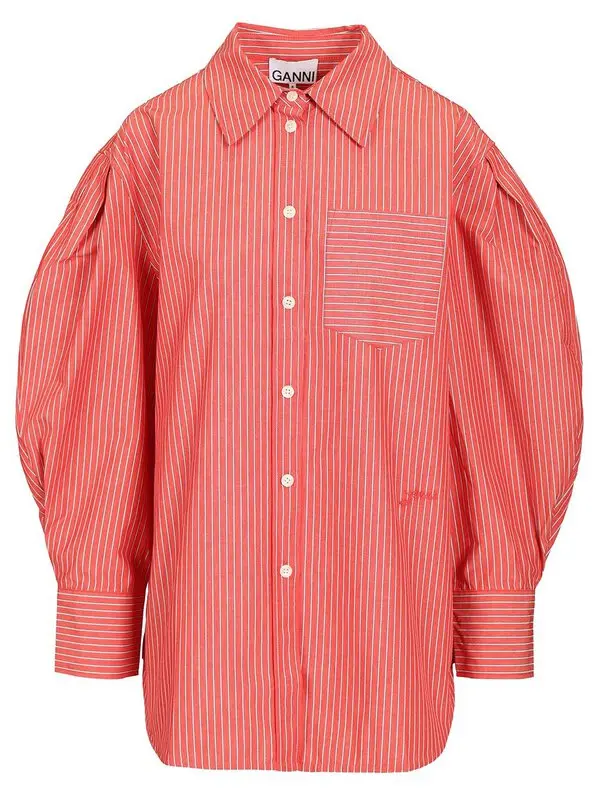 GANNI Oxford Shirt With Pocket And Stripes - Red