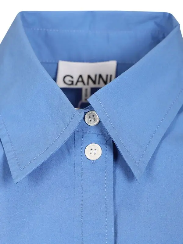 GANNI Cotton Shirt With Lace Details And Drawstring Hem - Blue