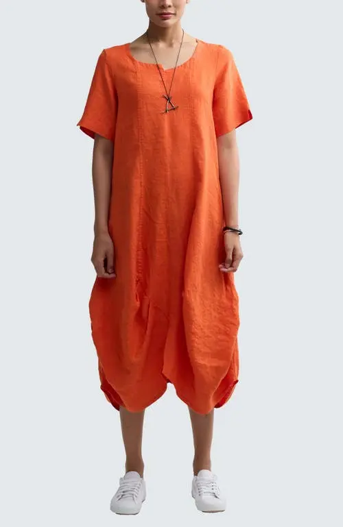 LUUKAA Yalina Solid Linen Balloon Dress - Rust Orange