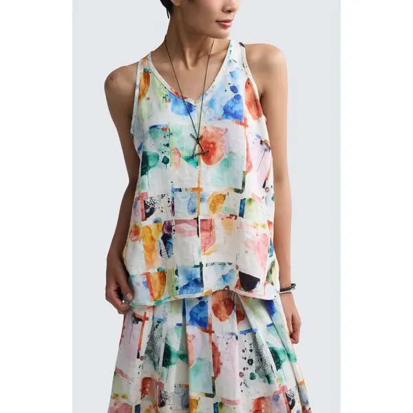 LUUKAA Orielle Painterly Print Linen V-neck Sleeveless A-line Tank - Multihued