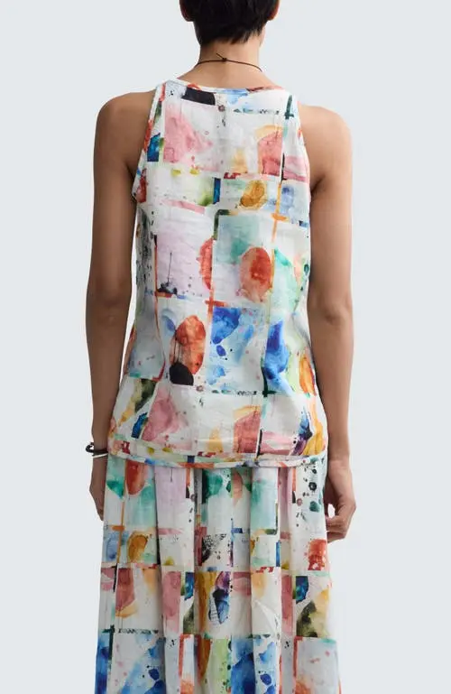 LUUKAA Orielle Painterly Print Linen V-neck Sleeveless A-line Tank