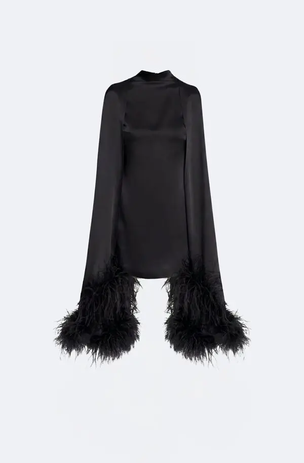 Lapointe Satin Cape Sleeve Mini Dress With Feathers