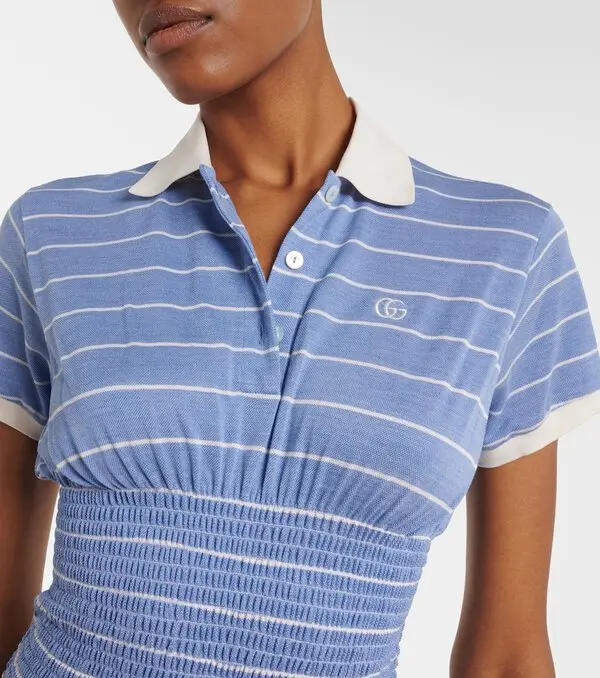 Gucci Shirred Striped Silk Piqué Polo Dress