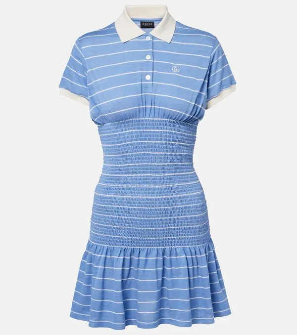Gucci Shirred Striped Silk Piqué Polo Dress - Blue