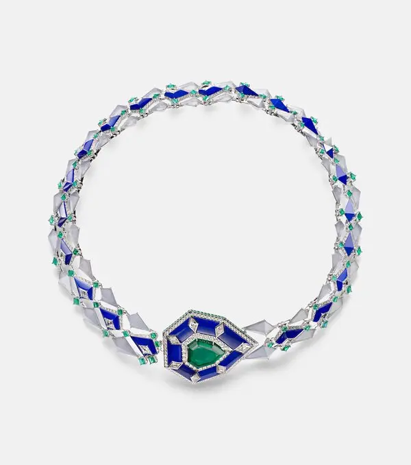 KAMYEN 18kt White Gold Necklace With Lapis Lazuli, Emeralds, And Diamonds - Silver