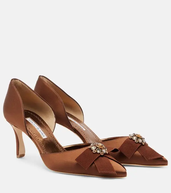 Manolo Blahnik Embellished Satin Pointed Toe Pumps - Brown