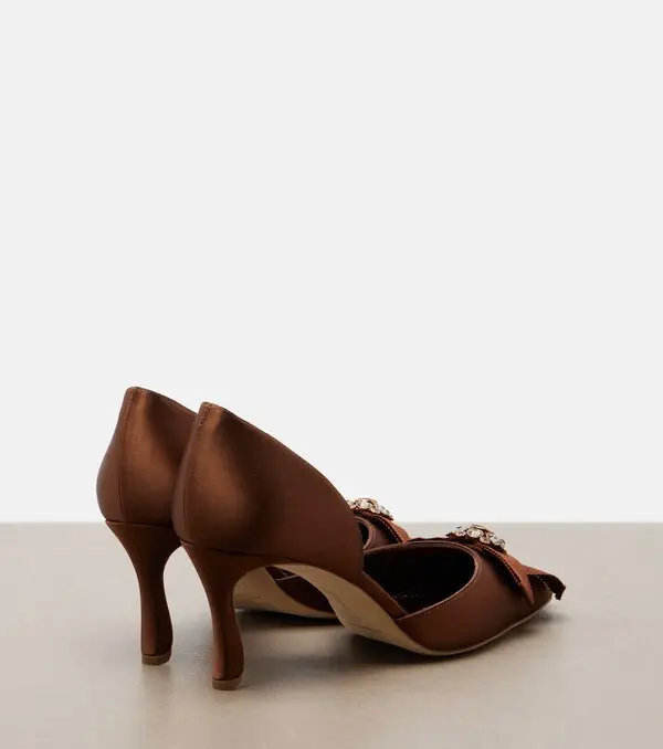 Manolo Blahnik Embellished Satin Pointed Toe Pumps - Brown