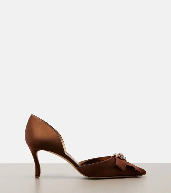 Manolo Blahnik Embellished Satin Pointed Toe Pumps - Brown