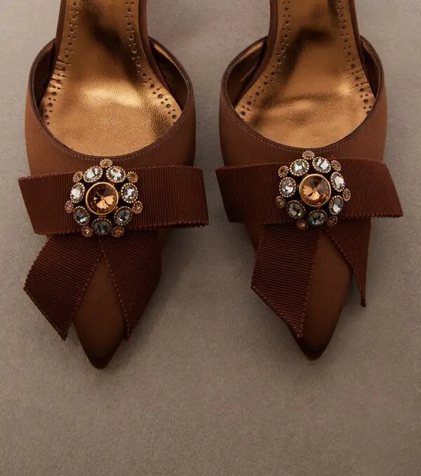 Manolo Blahnik Embellished Satin Pointed Toe Pumps - Brown