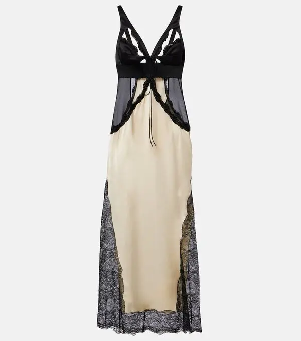 Attico Cutout Lace-trimmed Satin Midi Dress In /ivory - Black
