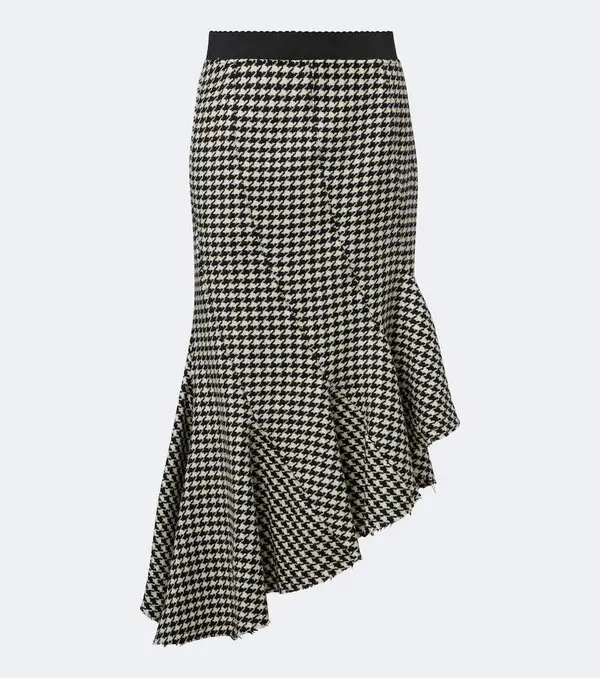 Attico Ruffled Houndstooth Midi Skirt - Black