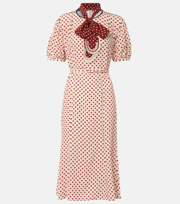 Prada Polka-dot Silk Midi Dress With Detachable Scarf And Belt - Red