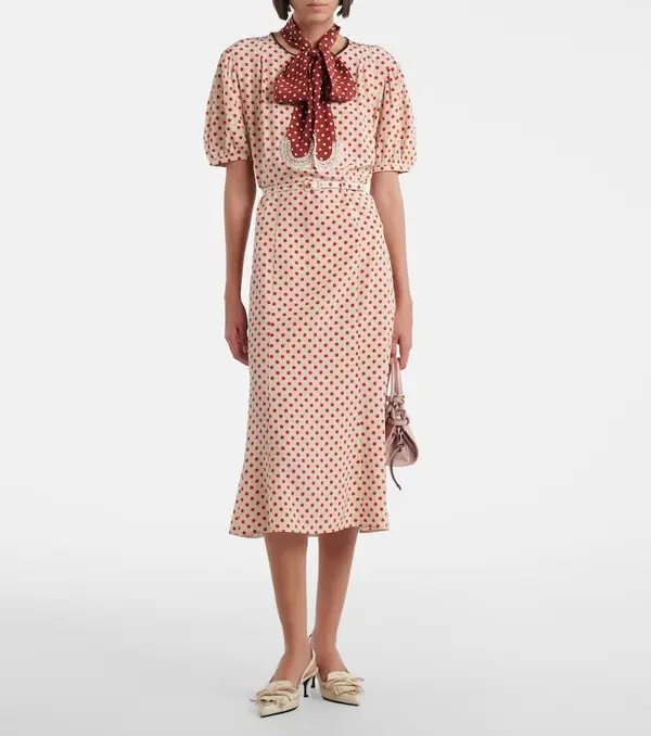 Prada Polka-dot Silk Midi Dress With Detachable Scarf And Belt - Red