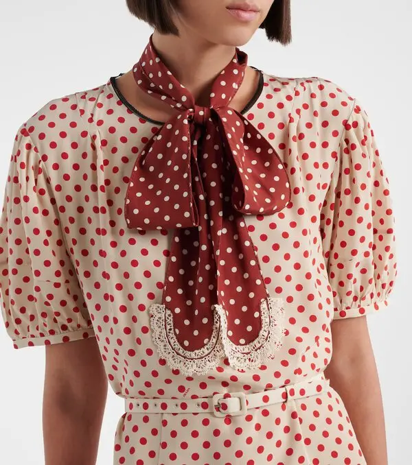 Prada Polka-dot Silk Midi Dress With Detachable Scarf And Belt - Red