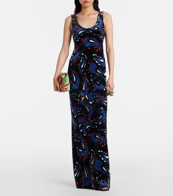 Dries Van Noten Printed Cotton-blend Velvet Maxi Dress - Blue
