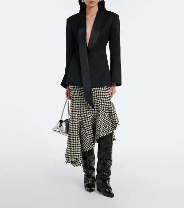 Attico Houndstooth Virgin Wool Midi Skirt - Black