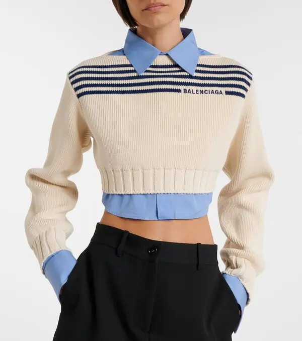 Balenciaga Layered Striped Cropped Cotton Sweater