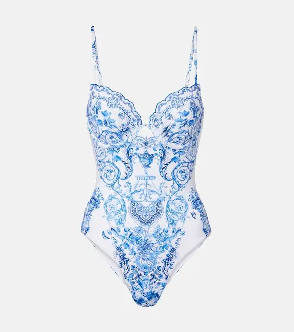 Camilla Embroidered Printed One Piece Swimsuit - Blue