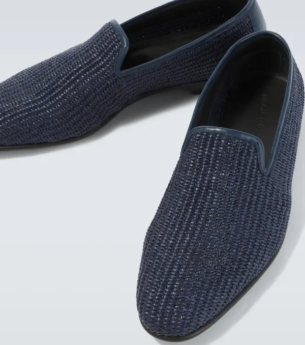 Manolo Blahnik Raffia Loafers With Leather Trim - Blue