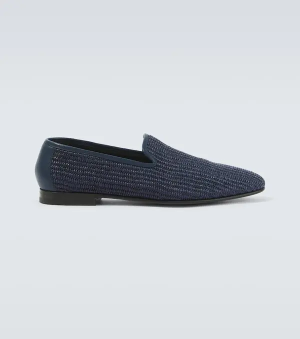 Manolo Blahnik Raffia Loafers With Leather Trim - Blue