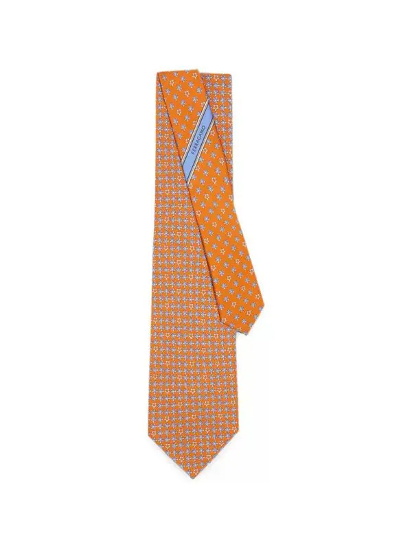 FERRAGAMO Silk Neck Tie With Printed Turtles - Orange
