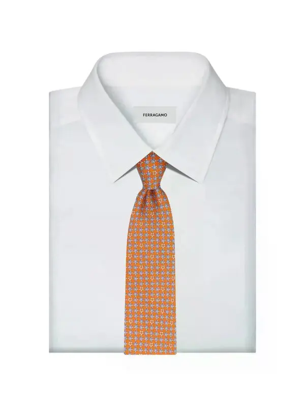 FERRAGAMO Silk Neck Tie With Printed Turtles - Orange