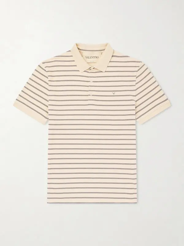 Valentino Garavani Vlogo Striped Cotton-piqué Polo Shirt - Neutrals