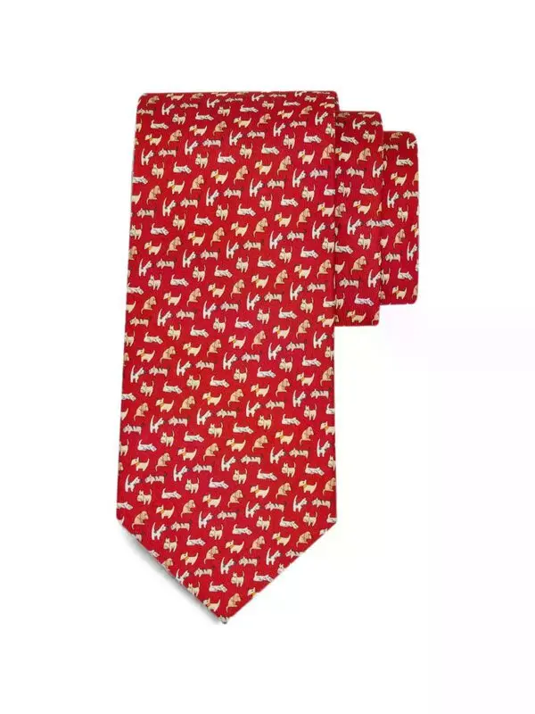 FERRAGAMO Silk Tie With Dog Print - Red
