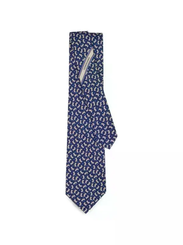 FERRAGAMO Charlie Print Silk Neck Tie - Blue