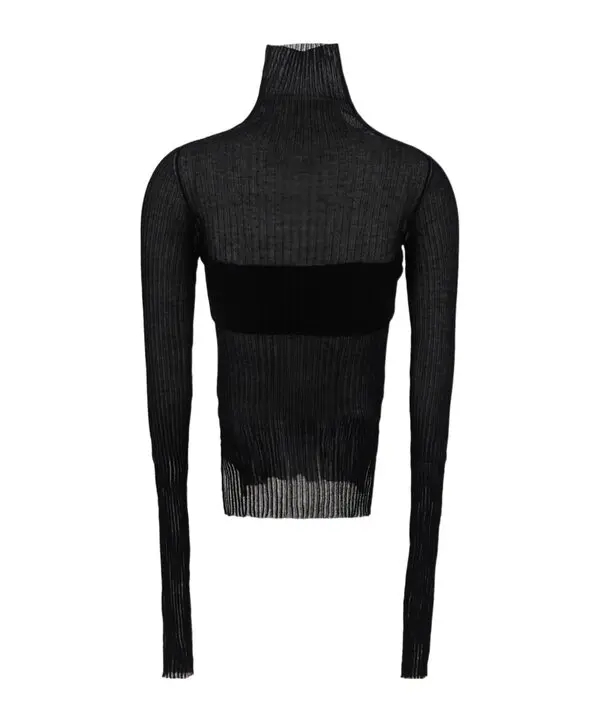 QUIRA Sheer Ribbed High Neck Top - Black
