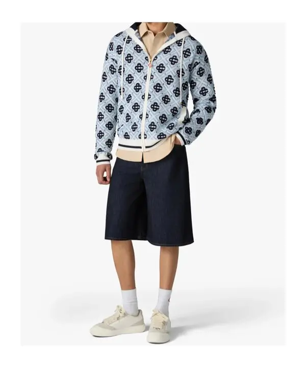 Casablanca Blue Merino Monogram Zipup Hooded Sweatshirt