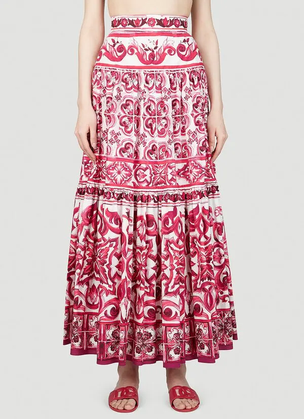 Dolce & Gabbana Majolica Print Cotton Poplin Maxi Skirt - Pink
