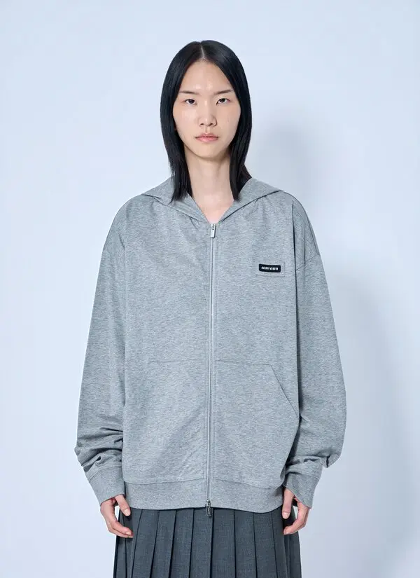 Miu Miu Zip Hoodie With Patch Detail - Gray