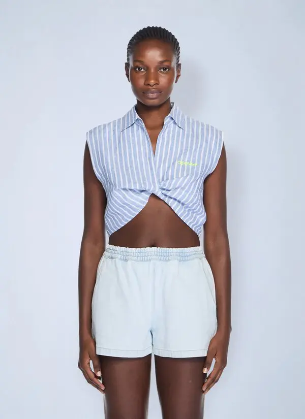 Off-White Striped Sleeveless Shirt With Embroidery - Blue