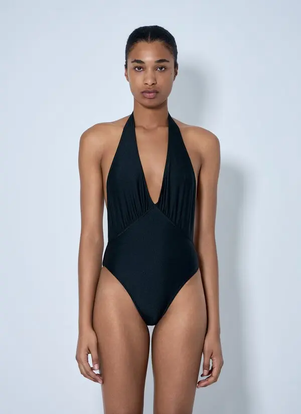 Saint Laurent Halterneck Deep V-neckline Swimsuit - Black