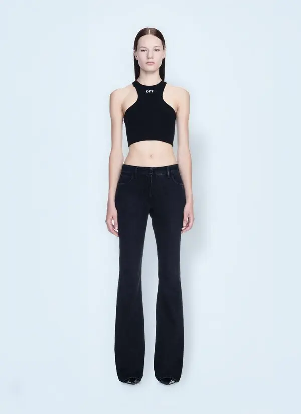 Off-White Ribbed Halterneck Cropped Top - Black