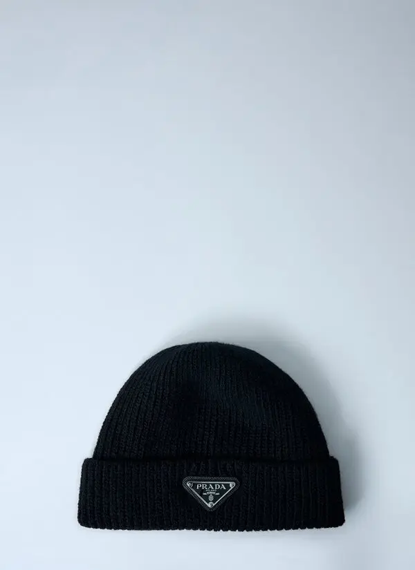 Prada Wool Knit Logo Beanie - Black