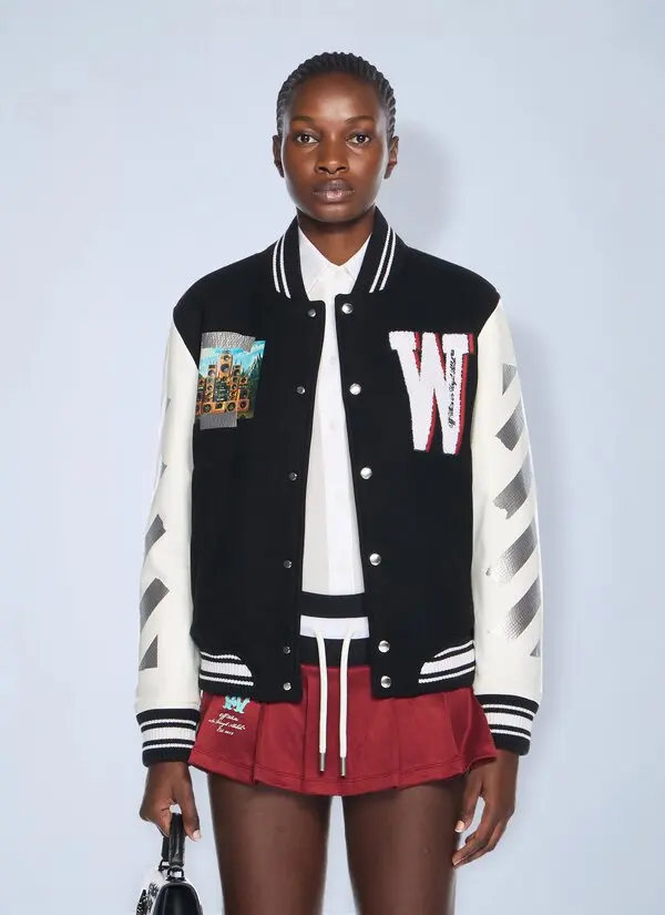 Off-White Wool-blend Varsity Jacket With Embroidered Graphics - Black