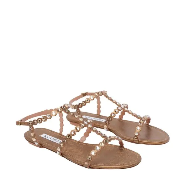 AQUAZZURA Tequila Flat Sandals In Calf Leather And Crystal