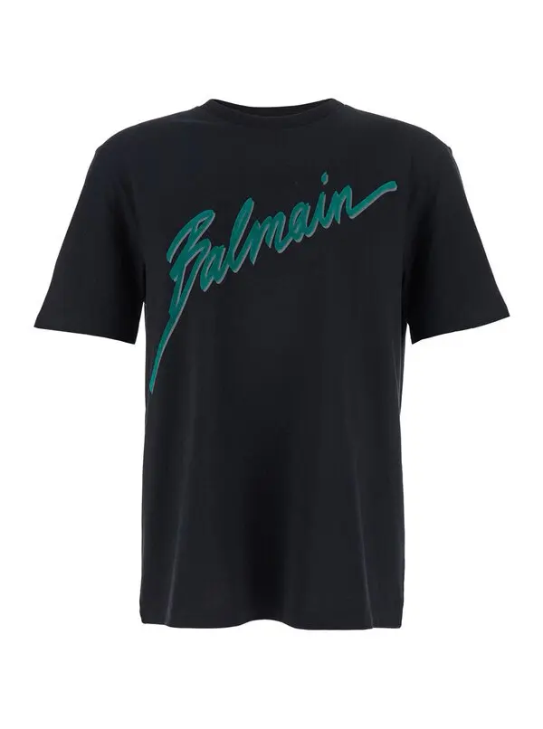 Balmain Crewneck T-shirt With Logo Lettering Print On The Front In Cotton - Black