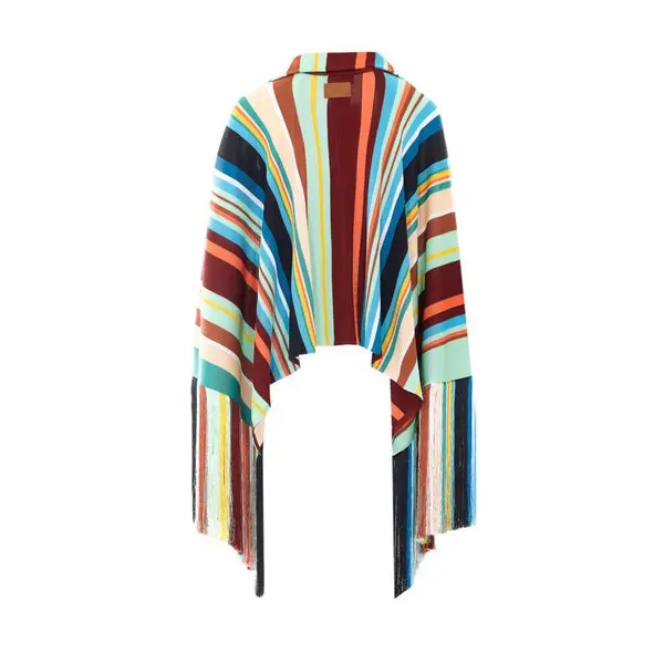 Fendi Striped Poncho With Patch And Fringe