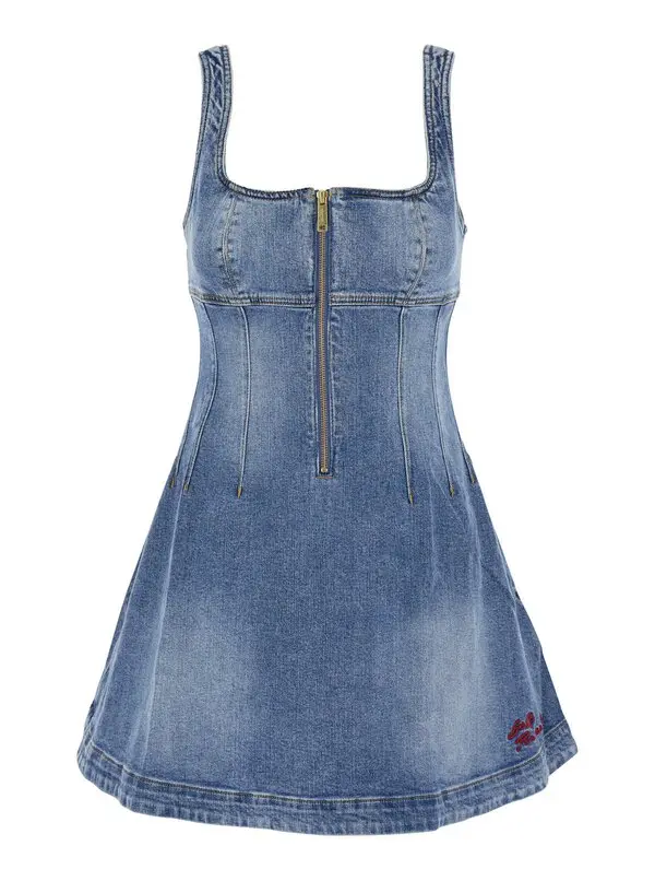 SELF-PORTRAIT Blue Denim Dress With Front Zip Closure And Embroidered Logo - Multicolor