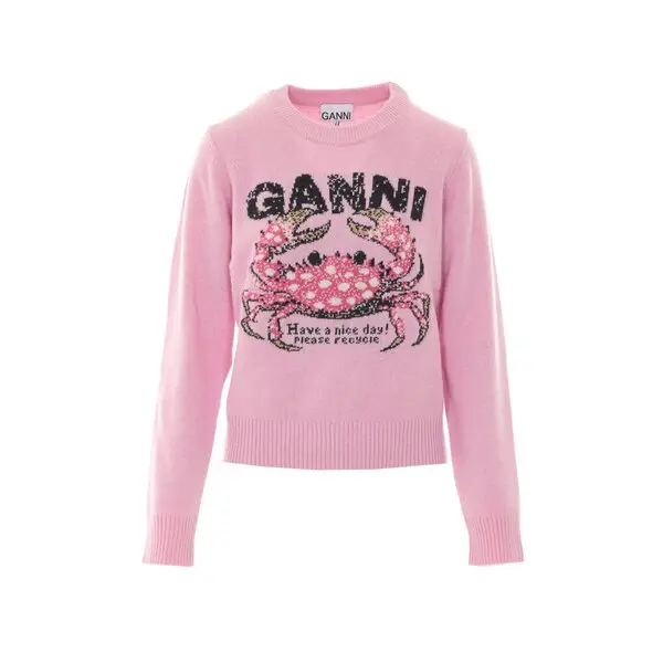 GANNI Logo Wool Sweater With Crab Print - Pink