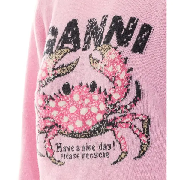 GANNI Logo Wool Sweater With Crab Print - Pink
